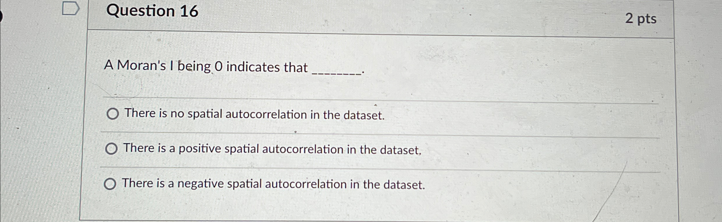 Solved Question 162 ﻿ptsA Moran's I being 0 ﻿indicates | Chegg.com