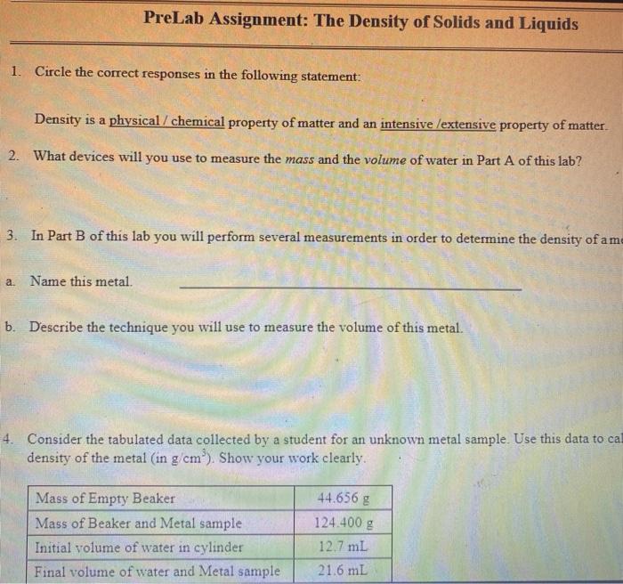 Solved PreLab Assignment: The Density of Solids and Liquids | Chegg.com