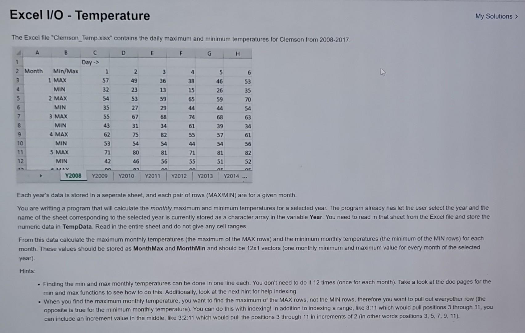 Solved xcel l/O - Temperature My Solutions > he Excel file | Chegg.com