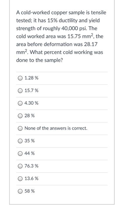 Solved A cold-worked copper sample is tensile tested; it has | Chegg.com