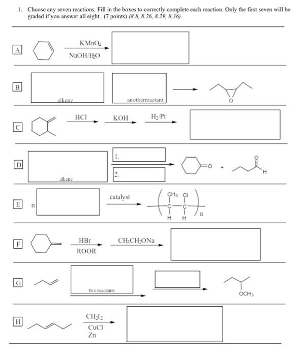 1. Choose any seven reactions. Fill in the boxes to | Chegg.com
