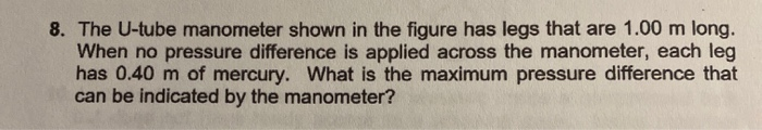 Solved 8. The U-tube manometer shown in the figure has legs | Chegg.com