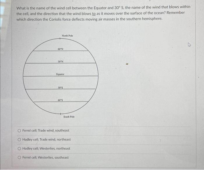 Solved What is the name of the wind cell between the Equator | Chegg.com