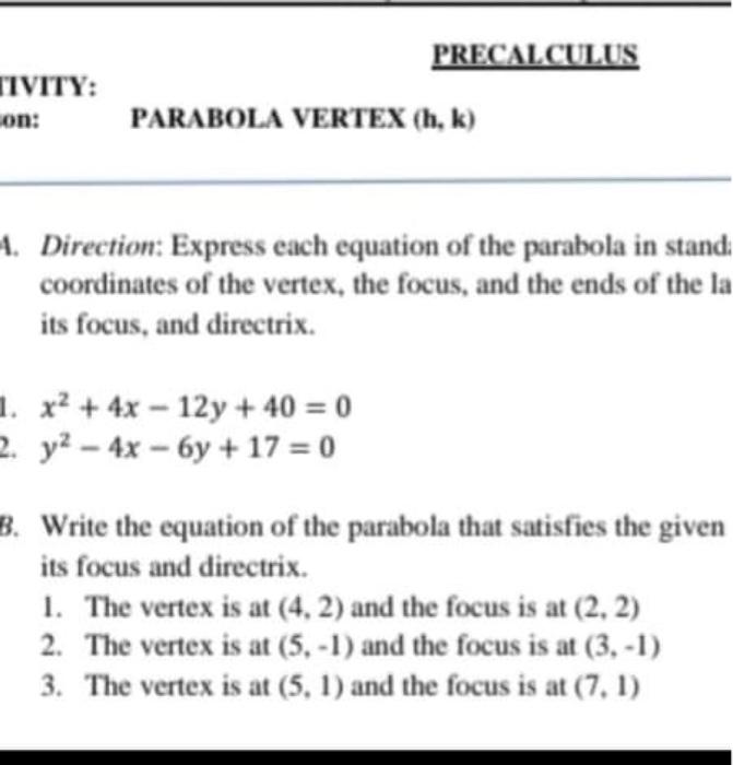 Solved PRECALCULUS TIVITY: on: PARABOLA VERTEX (h, k) 4. | Chegg.com