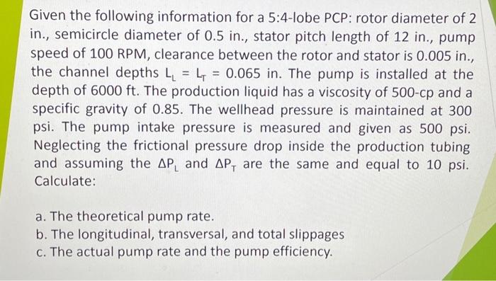 Given the following information for a 5:4-lobe PCP: | Chegg.com