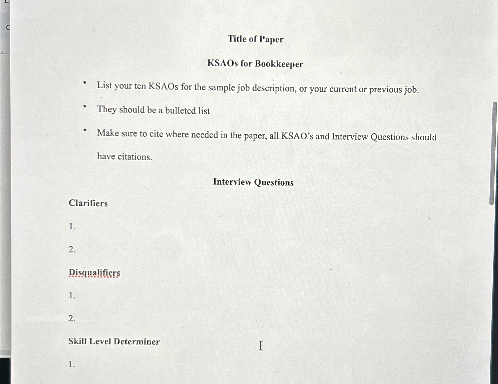 Solved Title of PaperKSAOs for BookkeeperList your ten KSAOs | Chegg.com