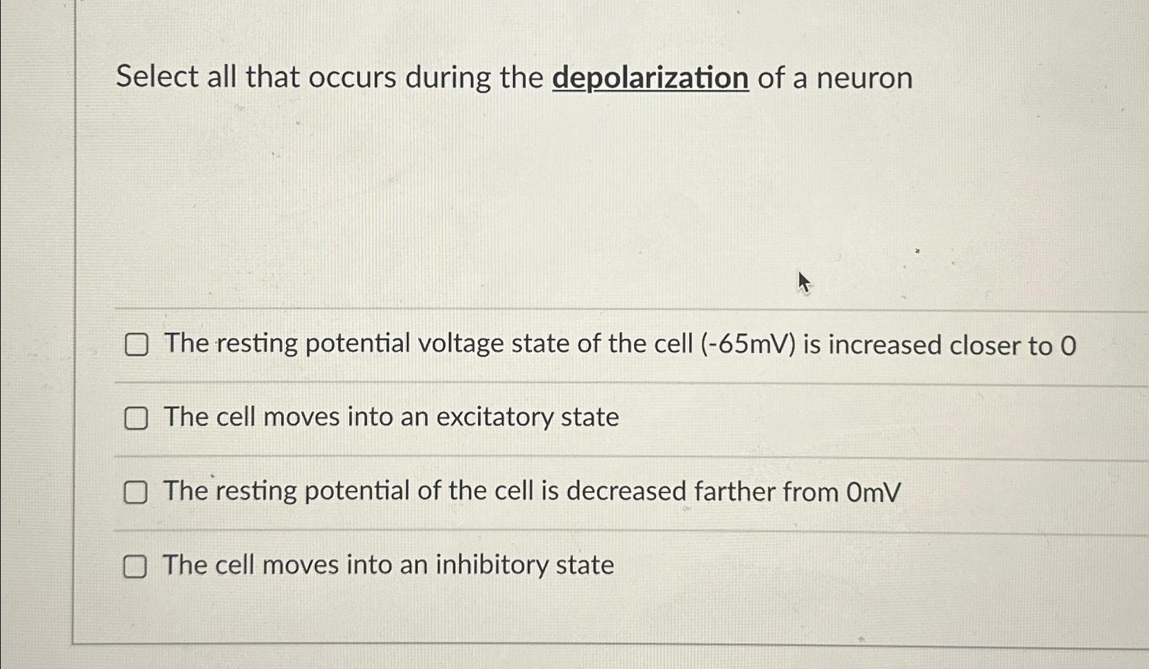 Solved Select All That Occurs During The Depolarization Of A