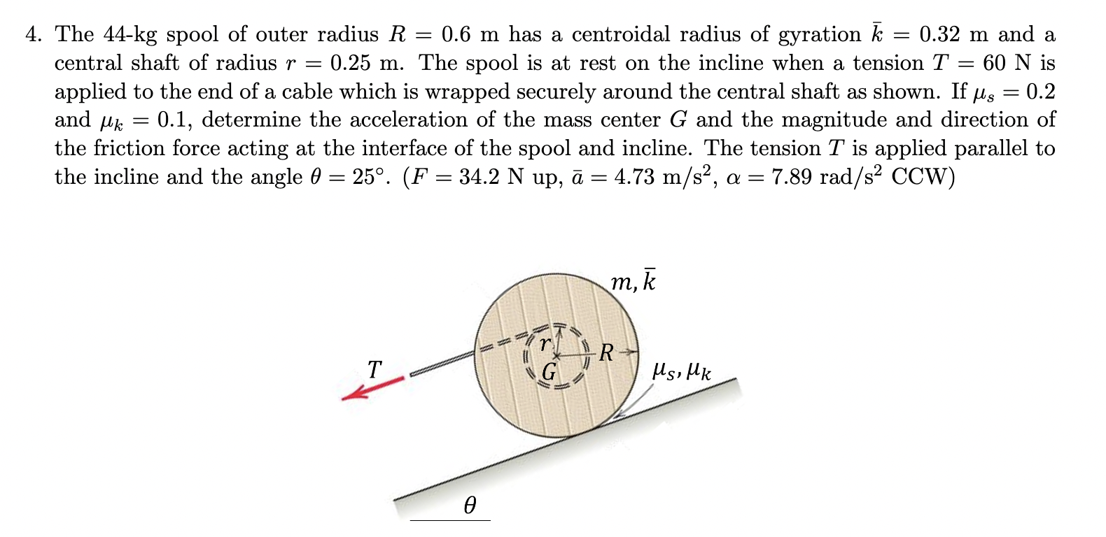 Solved The 44-kg ﻿spool of ﻿outer radius R=0.6m ﻿has a | Chegg.com