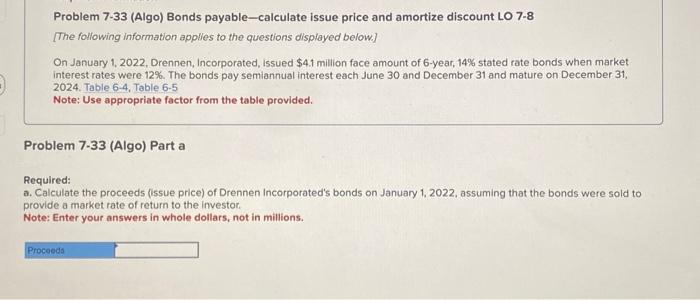 Solved Problem 7-33 (Algo) Bonds payable-calculate issue | Chegg.com