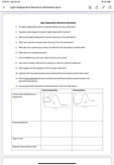 Solved 6:08 PM Wed Oct 20 65% х Light Independent Reactions | Chegg.com