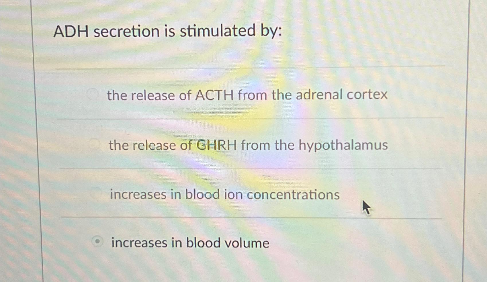 Solved ADH secretion is stimulated by:the release of ACTH | Chegg.com
