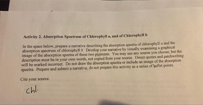 Solved Activity 2. Absorption Spectrum of Chlorophyll a, and | Chegg.com