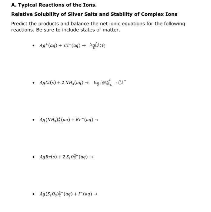 Solved A. Typical Reactions of the Ions. Relative Solubility | Chegg.com