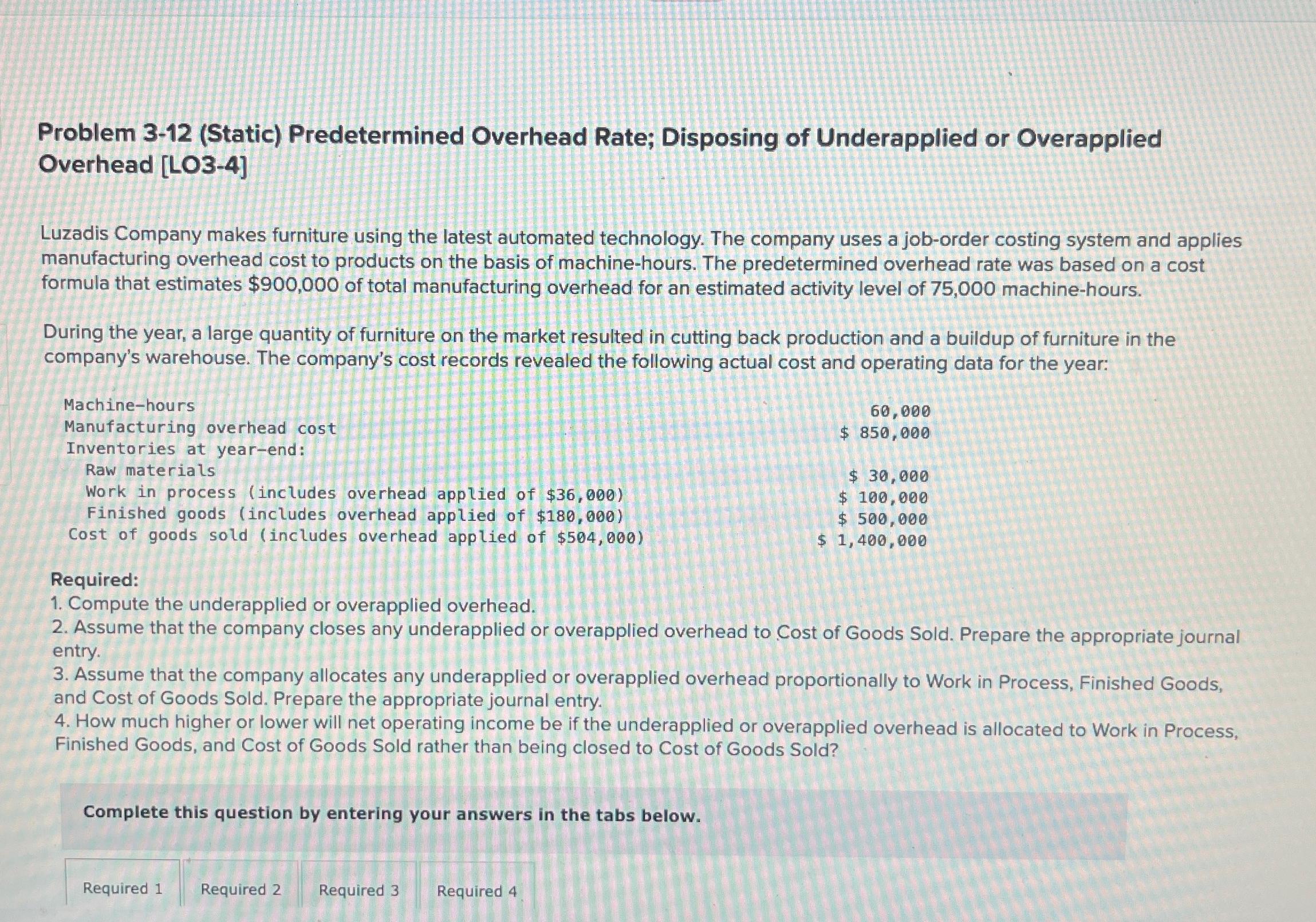 Solved Problem 3-12 (Static) ﻿Predetermined Overhead Rate; | Chegg.com