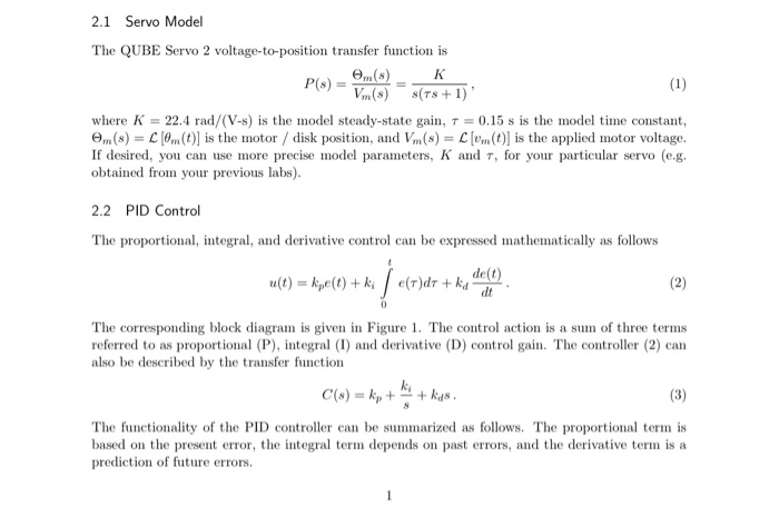 Solved 2.1 Servo Model The QUBE Servo 2 voltage-to-position | Chegg.com