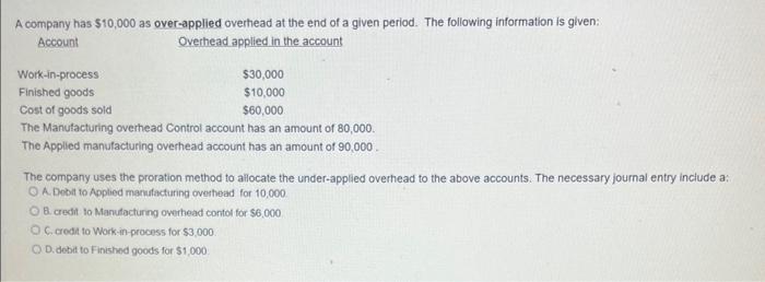 Solved A company has $10,000 as over-applied overhead at the | Chegg.com