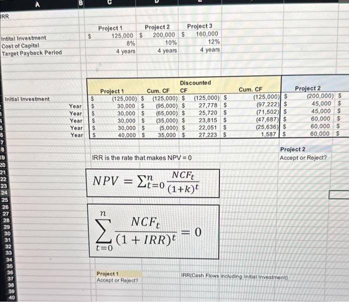 NPV=∑t=0n(1+k)tNCNt ∑t=0n(1+IRR)tNCFt=0Excel File | Chegg.com
