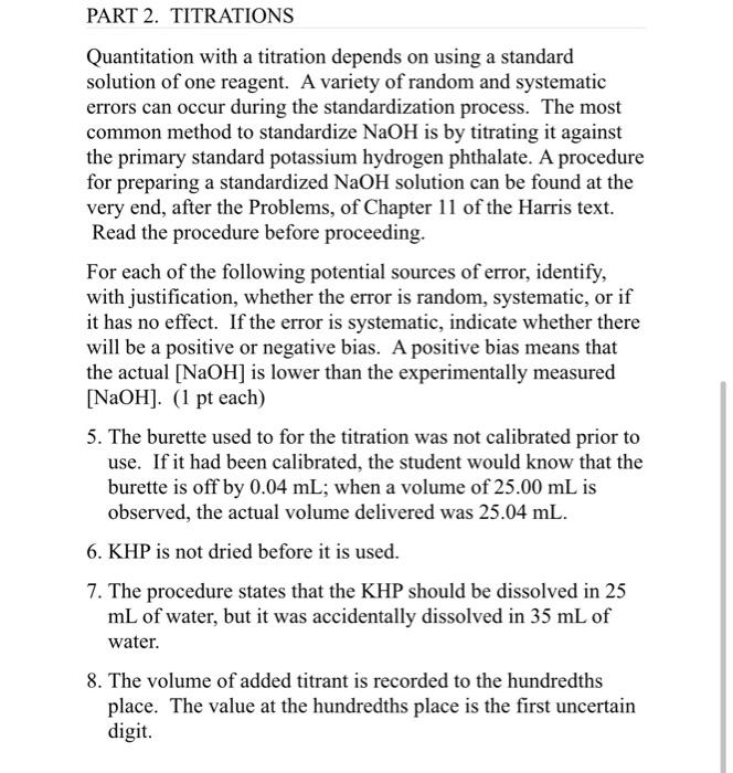 Solved PART 2. TITRATIONS Quantitation with a titration | Chegg.com