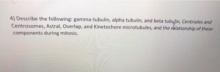 Solved 4) Describe the following: gamma-tubulin, alpha | Chegg.com