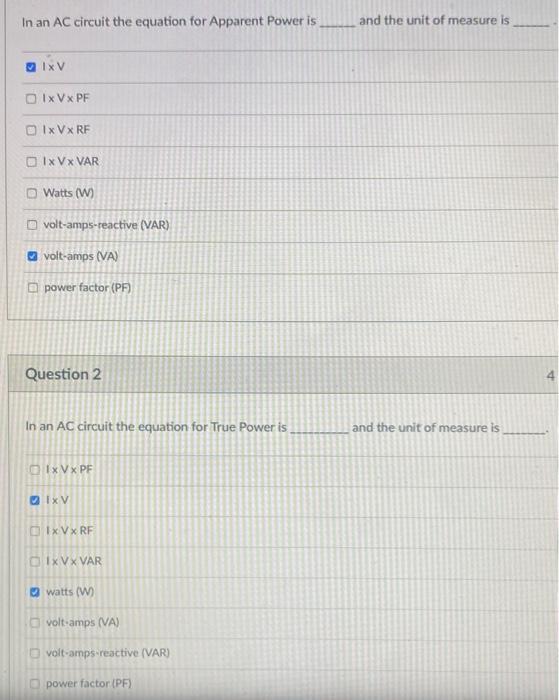 Solved In an AC circuit the equation for Apparent Power is | Chegg.com