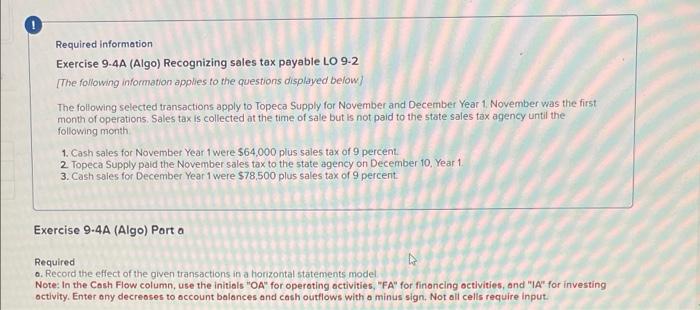 Solved Required information Exercise 9.4A (Algo) Recognizing | Chegg.com