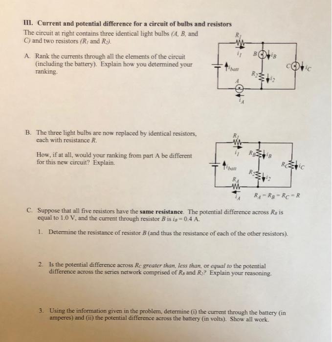 Solved III. Current and potential difference for a circuit | Chegg.com