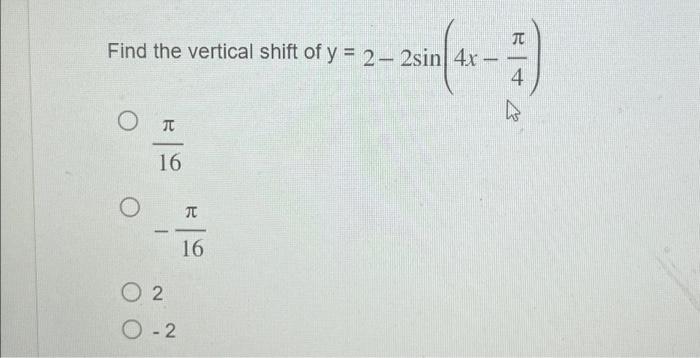 Solved Find the vertical shift of y = 2-2sin 4x- T 16 02 0-2 | Chegg.com