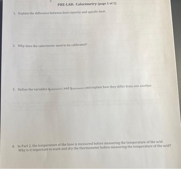 Solved PRE-LAB: Calorimetry (page 1 of 2) 1. Explain the | Chegg.com