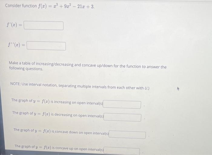 Solved Consider function f(x)=x3+9x2−21x+3. f′(x)= f′′(x)= | Chegg.com