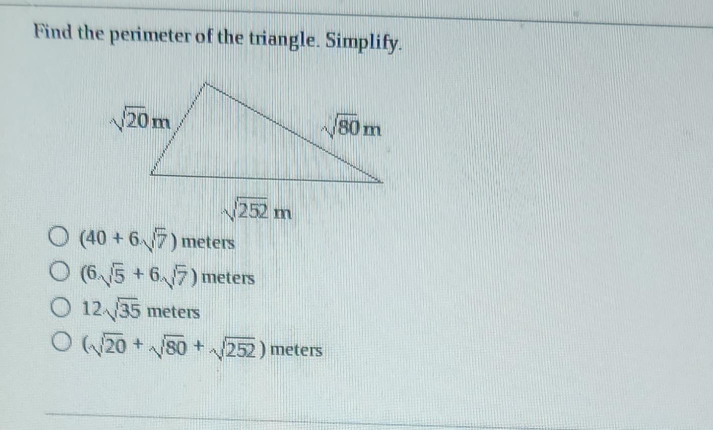 Solved Find the perimeter of the triangle. Simplify.(40+672) | Chegg.com