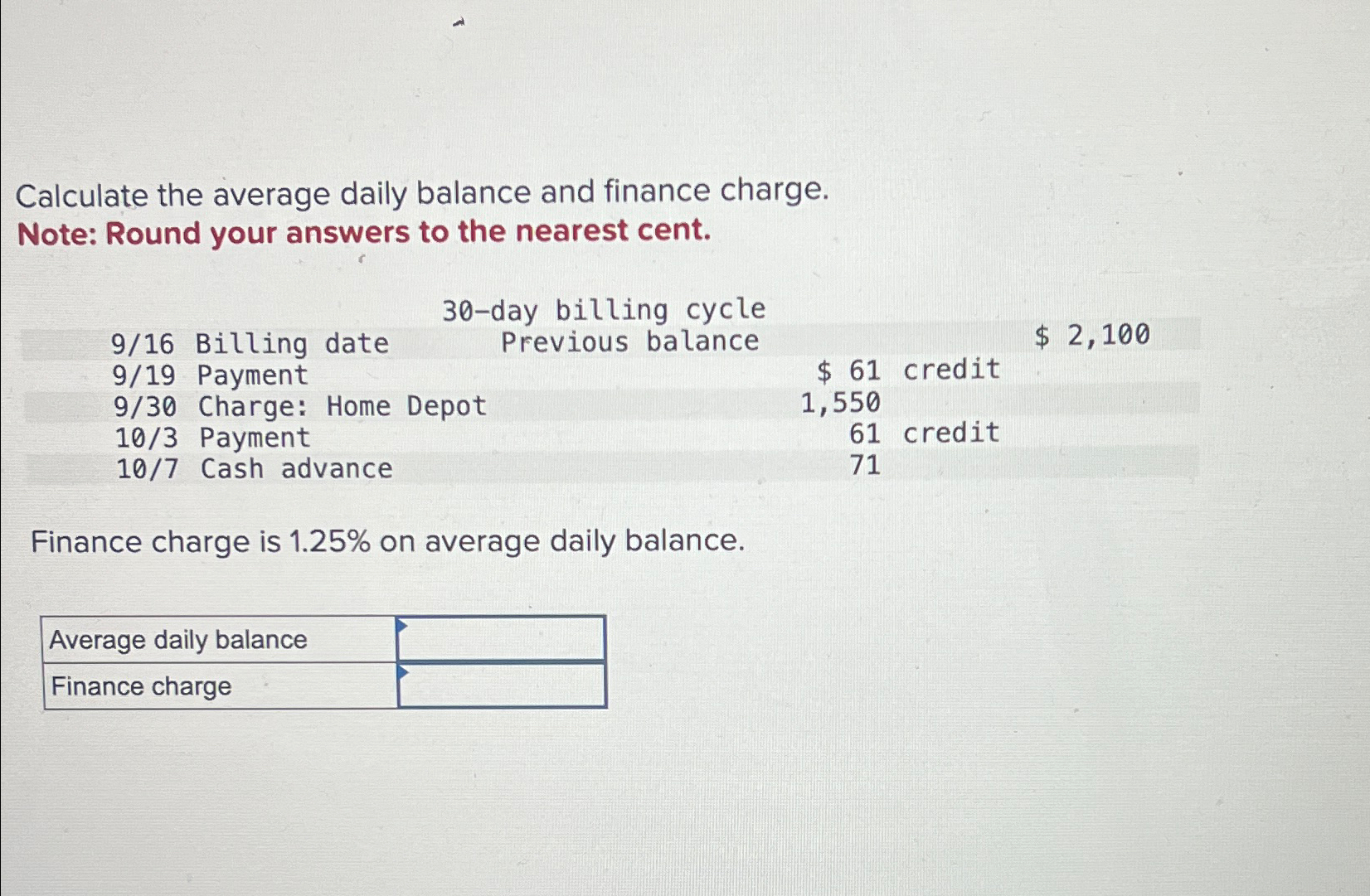 Calculate the average daily balance and finance | Chegg.com