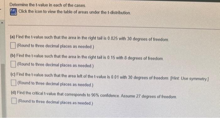Solved Determine the t-value in each of the cases. Click the | Chegg.com