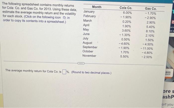 Solved The following spreadsheet contains monthly returns | Chegg.com