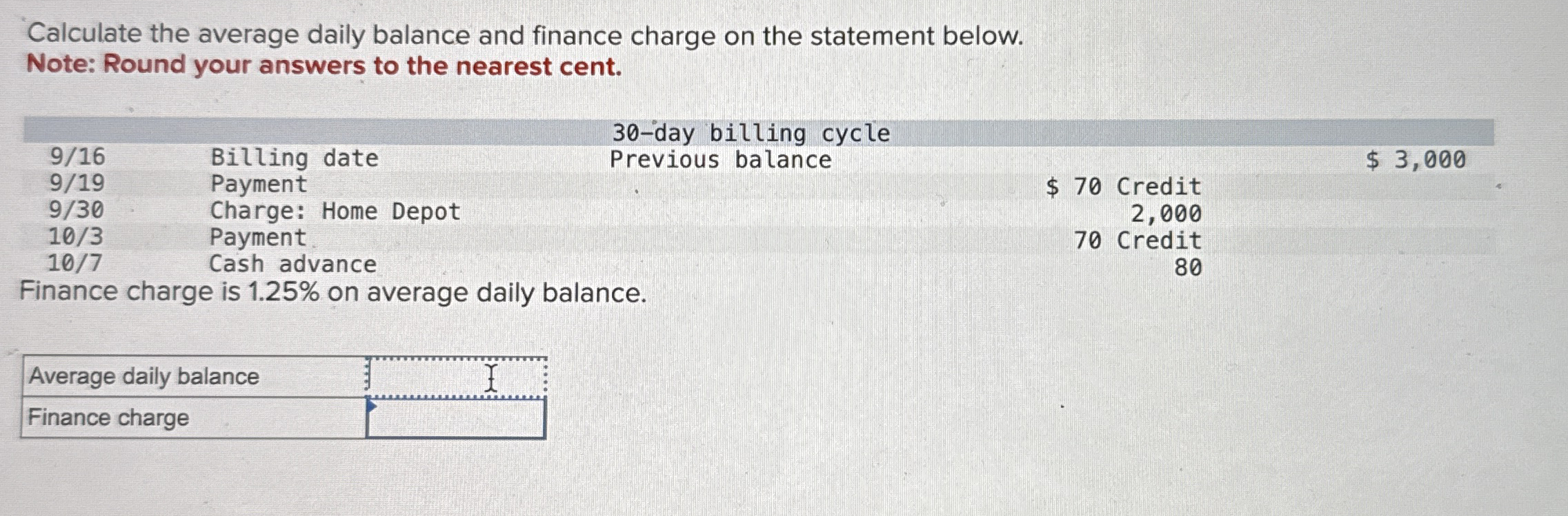 Solved Calculate the average daily balance and finance | Chegg.com