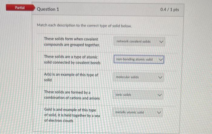 Solved Match each description to the correct type of solid | Chegg.com