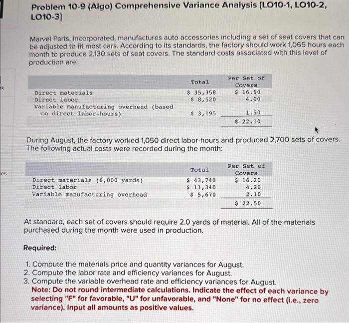Solved Problem 10-9 (Algo) Comprehensive Variance Analysis | Chegg.com