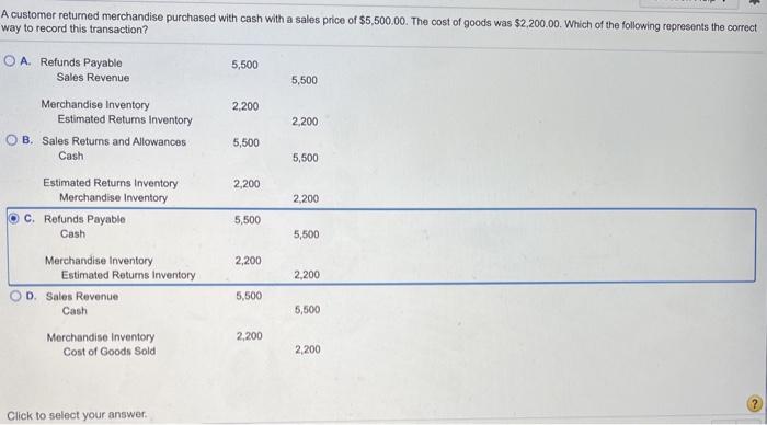 Solved A customer returned merchandise purchased with cash | Chegg.com
