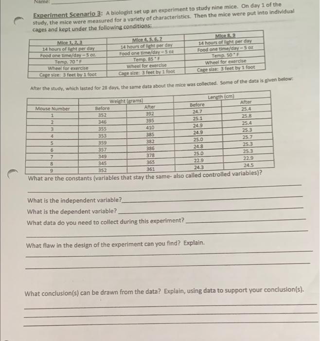 Solved Name: Experiment Scenario 3: A biologist set up an | Chegg.com