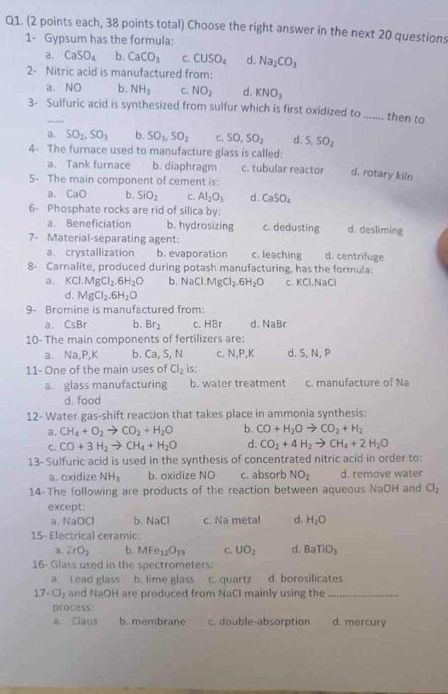 Q1. (2 ﻿points each, 38 ﻿points total) ﻿Choose the | Chegg.com