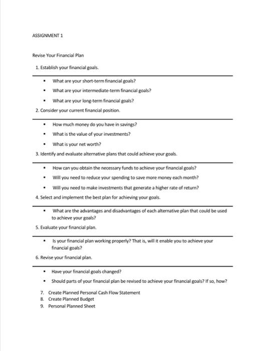 Solved ASSIGNMENT 1 Revise Your Financial Plan 1. Establish | Chegg.com