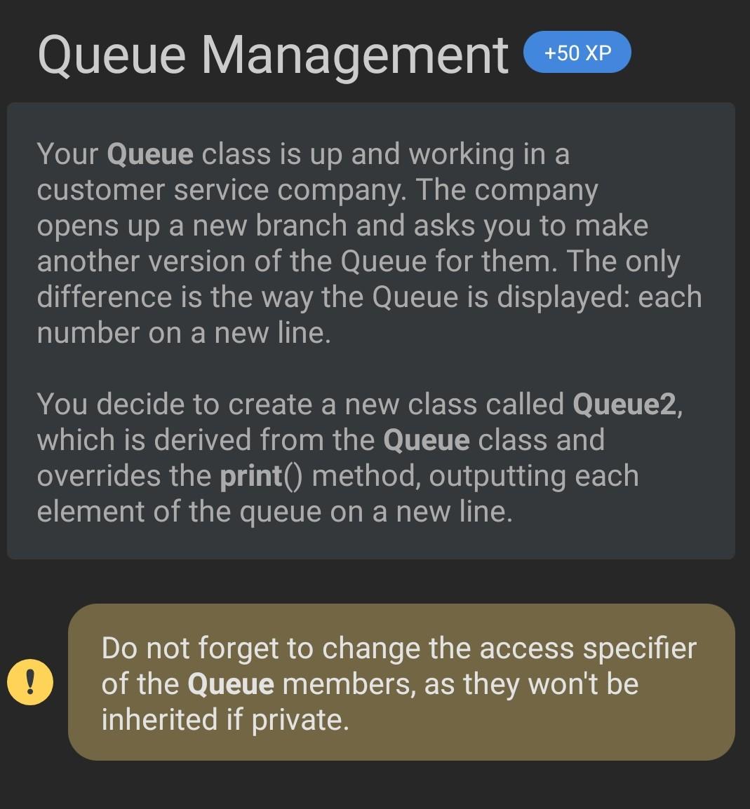 Solved Queue Management +50 XP Your Queue class is up and | Chegg.com