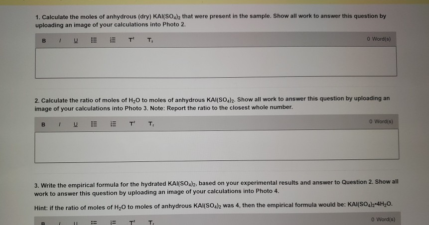 1. Calculate the moles of anhydrous (dry) KAl(SO4)2 | Chegg.com