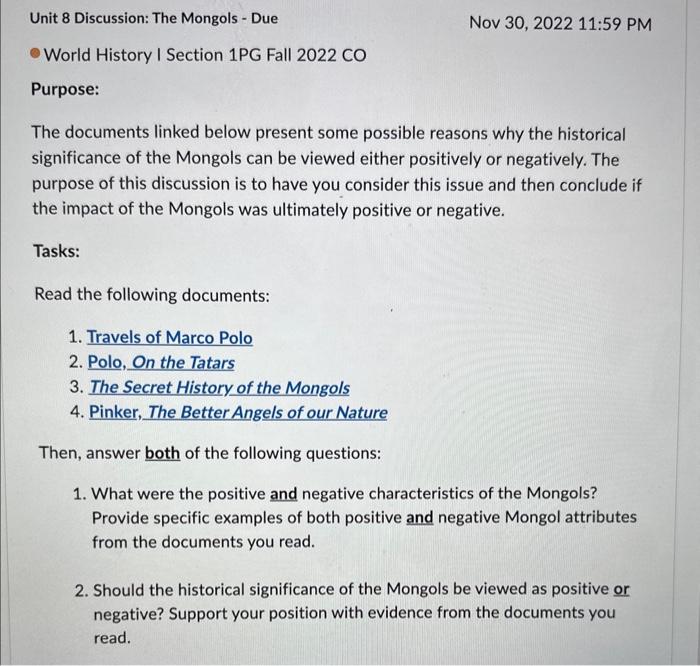 Unit 8 Discussion: The Mongols - Due Nov 30,2022 | Chegg.com