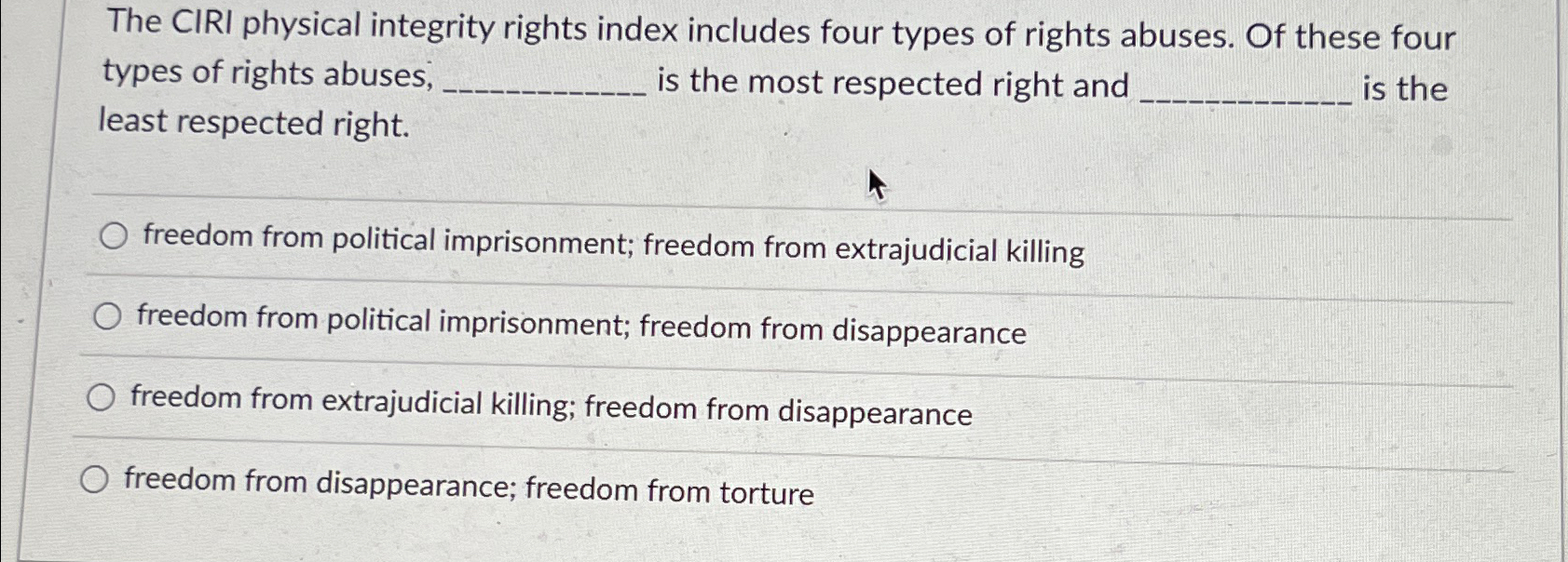 Solved The CIRI physical integrity rights index includes | Chegg.com