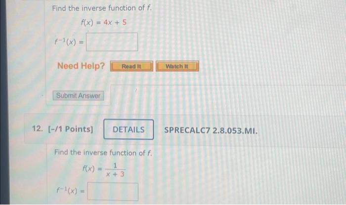 Solved Find the inverse function of f. f(x)=4x+5 f−1(x)= | Chegg.com