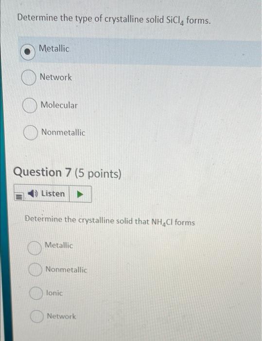 Solved Determine the type of crystalline solid SiCl, forms. | Chegg.com
