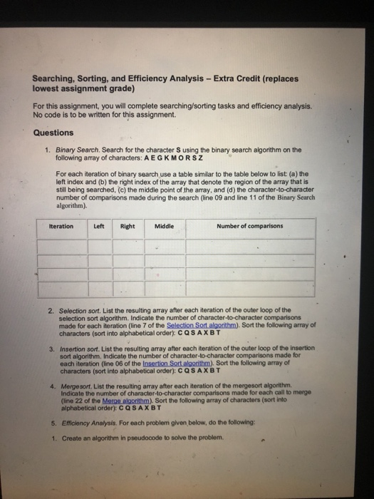 Solved Searching, Sorting, and Efficiency Analysis - Extra | Chegg.com