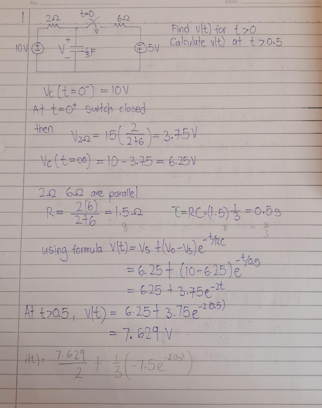 Solved Find v(t) for t>0 calculate v(t) at t>0.5 Vc(t=0−)=10 | Chegg.com