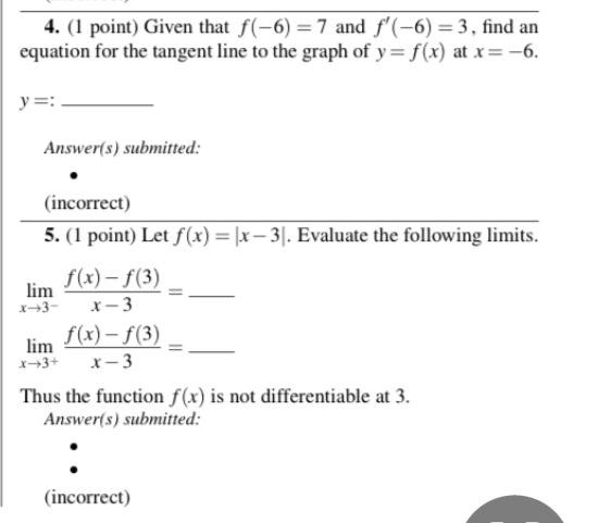 Solved 4. (1 point) Given that f(−6)=7 and f′(−6)=3, find an | Chegg.com