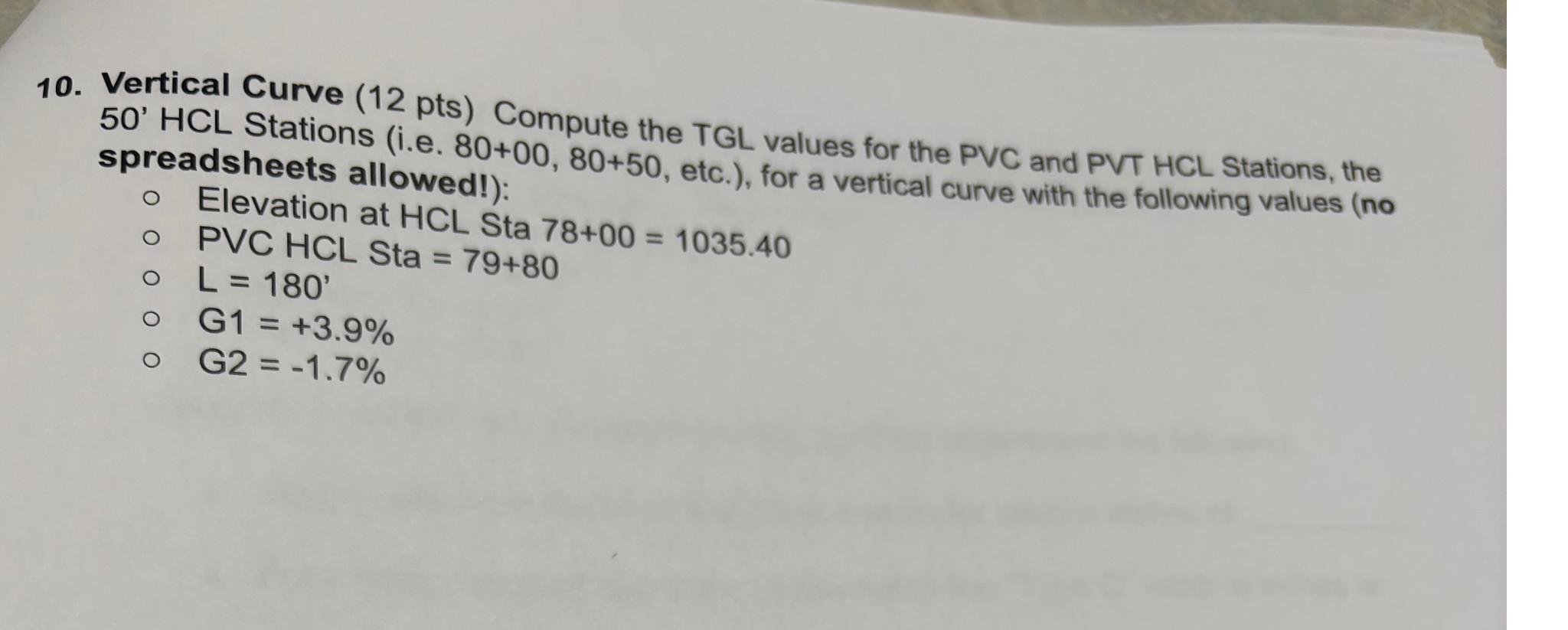 Solved Vertical Curve (12 ﻿pts) ﻿Compute the TGL values for | Chegg.com